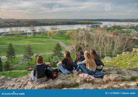 Belgrade Serbia April 2018 Girls Enjoy City View From The Hill In