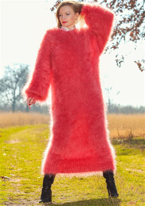 Supertanya Pastel Red Coral Mohair Dress Long Slouchy Sweater Tunic