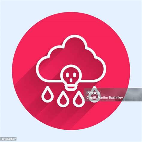 긴 그림자 배경으로 격리 된 화이트 라인 산성 비와 방사성 구름 아이콘 독성 대기 오염이 환경에 미치는 영향 빨간색 원 버튼입니다 벡터 개념에 대한 스톡 벡터 아트 및 기타