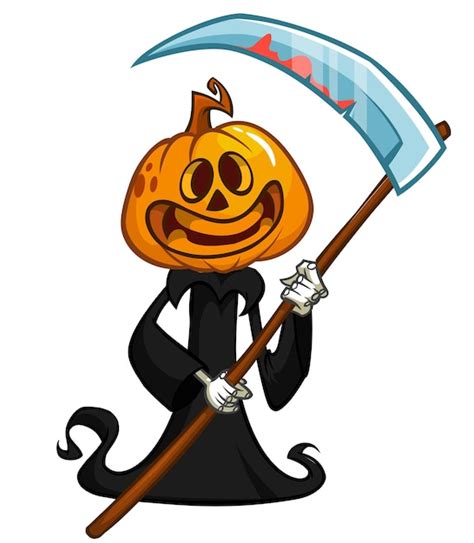 Grim Reaper Pumpkin Head Cartoon Character With Scythe Halloween Jack O