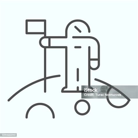 달 얇은 라인 아이콘에 우주 비행사 깃발을 들고 서 있는 양복을 입은 코스모나우트 세계 공간 주간 디자인 개념 흰색 배경에 윤곽 스타일 픽토그램 웹 및 응용 프로그램에 대한