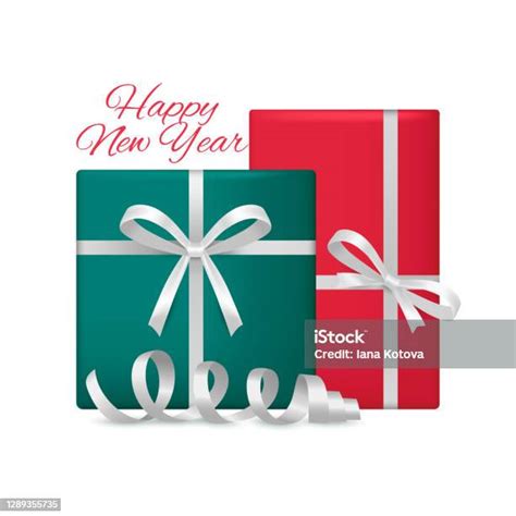 활이 있는 사실적인 흰색 리본이 달린 빨간색과 녹색 선물 세트 휴일 배너 기프트 카드 인사말 카드 크리스마스 및 새해 판매를 장식하기위한 축제 디자인 요소입니다 3차원