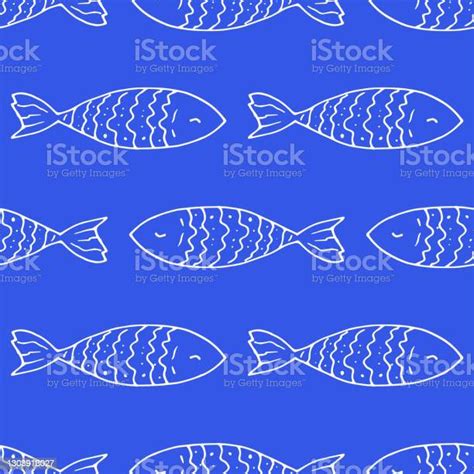 디자인 템플릿을 위한 파란색 풍부한 색상 배경에 비늘 흰색 윤곽선의 물결 모양 패턴 귀여운 낙서 물고기의 벡터 원활 한 패턴 다른 수평 방향으로 수영하는 바다 물고기의