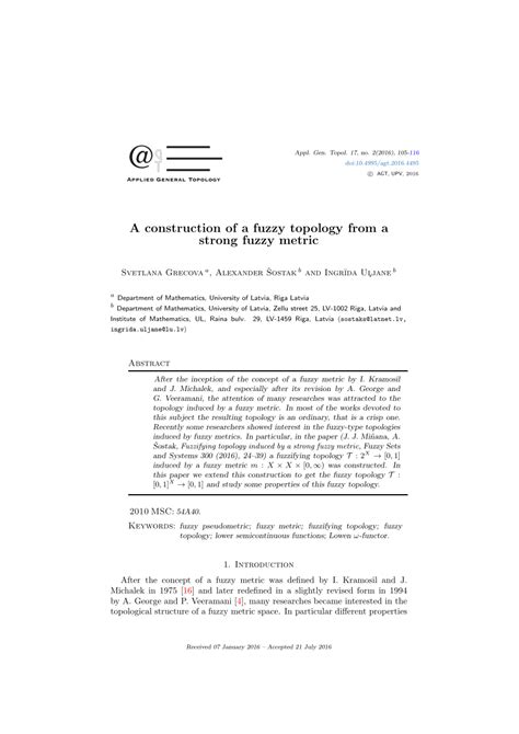 pdf a construction of a fuzzy topology from a strong fuzzy metric