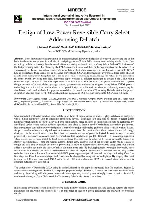 Pdf Design Of Low Power Reversible Carry Select Adder Using D Latch
