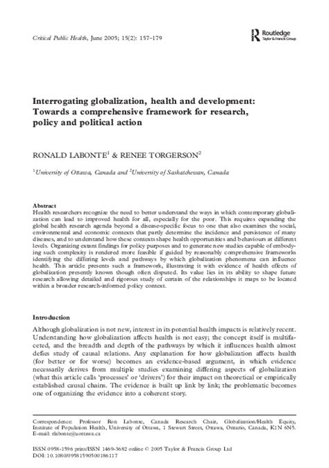 Pdf Interrogating Globalization Health And Development Towards A
