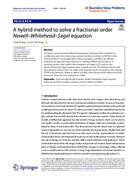 Pdf A Hybrid Method To Solve A Fractional Order Newellwhiteheadsegel Equation
