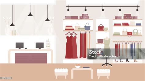 여성 패션 의류 가게 부티크 벡터 일러스트레이션 만화 플랫 빈 옷 쇼핑몰 또는 상점 방 인테리어 책상 배경 0명에 대한 스톡 벡터 아트 및 기타 이미지 Istock