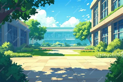 Anime Style Illustration Of A Beautiful Schoolyard With Trees And Flowers Premium Ai Generated