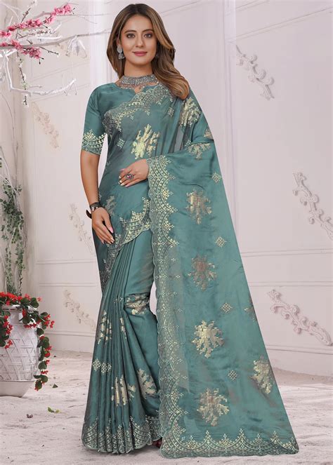 Aqua Blue Embroidered Organza Saree Urban Womania