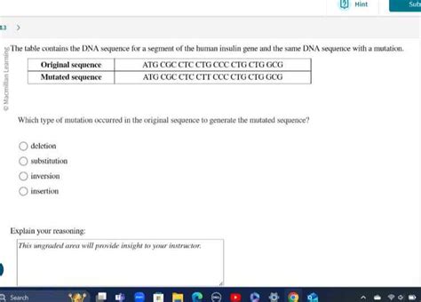 hint sub the table contains the dna sequence for a segment of the human