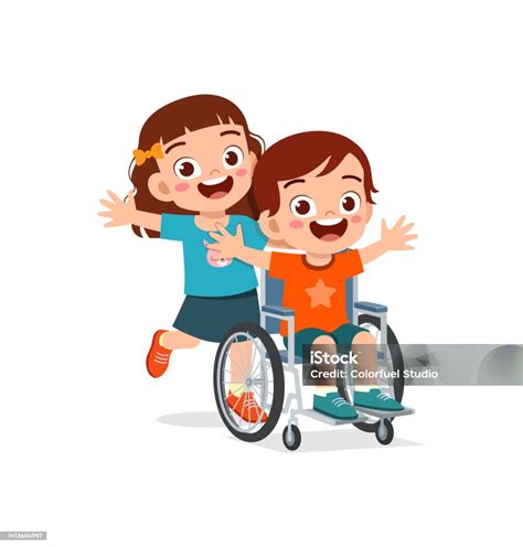 어린 아이는 친구와 함께 휠체어에 앉아 행복하게 느낍니다 만화에 대한 스톡 벡터 아트 및 기타 이미지 만화 휠체어 간호사 Istock