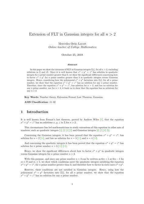 pdf extension of the flt in the gaussian integers for all n 2