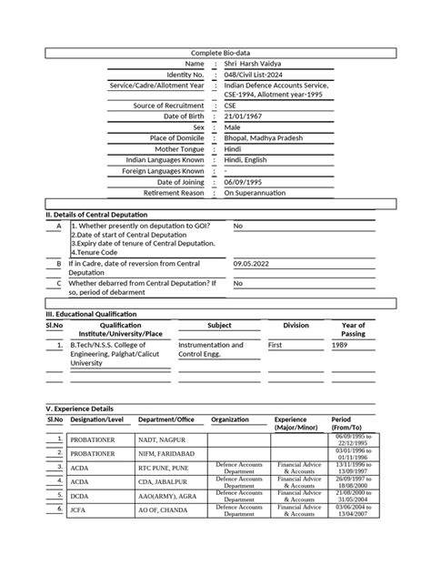 Shri Harsh Vaidya Bio Data 2024 Pdf Government Of India