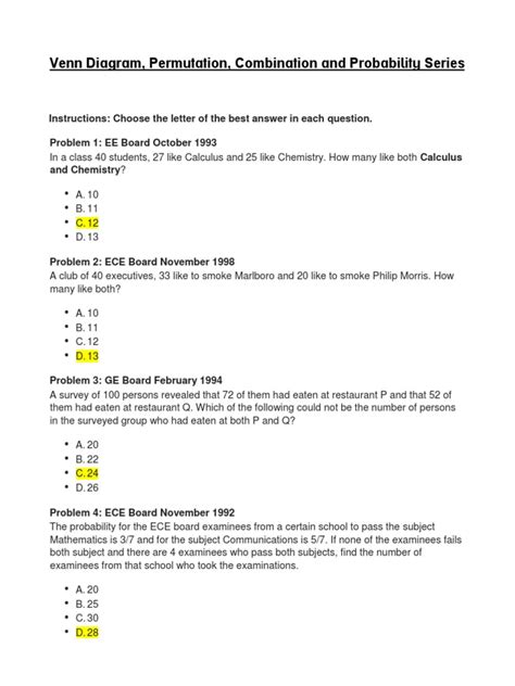 Venn Diagram Permutation Combination And Probability Reviewer Pdf