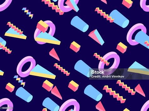 80 년대 의 스타일로 등등 측정 3d 개체와 기하학적 원활한 패턴 홍보 용 제품 포장지배경 벡터 일러스트레이션 1980 1989 년에 대한 스톡 벡터 아트 및 기타 이미지