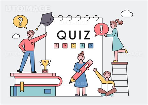 유토이미지 커다란 퀴즈노트와 쌓여있는책들 주변에 서있는 학생들 심플한 벡터 스타일의 일러스트레이션