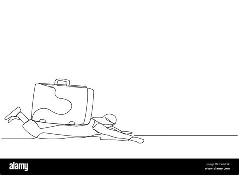Continuous One Line Drawing Arabian Businessman Under Heavy Briefcase Burden Anxiety From Work