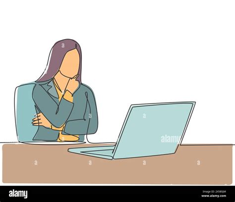 Single Continuous Line Drawing Of Young Female Startup Founder Siting In Front Of Computer