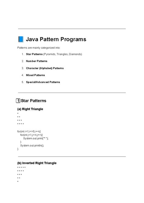 Java Pattern Programs Star Number And Alphabet Patterns Studocu