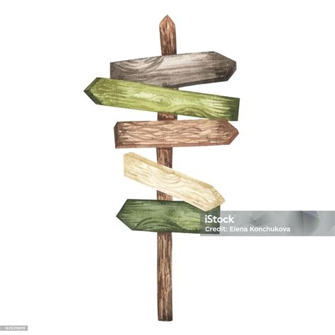 관광 루트에 있는 나무 푯말은 수채화 손으로 그렸습니다 여름 캠프 등산로로 가는 표지판 이정표 화살표 분리된 그림 스케치 0명에 대한 스톡 벡터 아트 및 기타 이미지