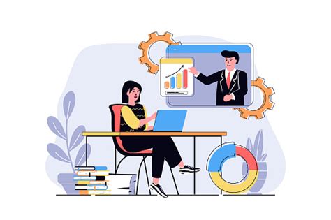 비즈니스 웹 세미나 만화 사람들 디자인을 가진 웹 개념 데이터 분석 세미나를 통해 비즈니스 코치와 함께 온라인 교육에서 배우는 여성 흰색 배경에 고립 된 평면 벡터