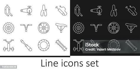 세트 라인 자전거 서스펜션 시트 핸들 바 카세트 포크 휠 및 기어 아이콘이있는 체인 벡터 검은색에 대한 스톡 벡터 아트 및 기타