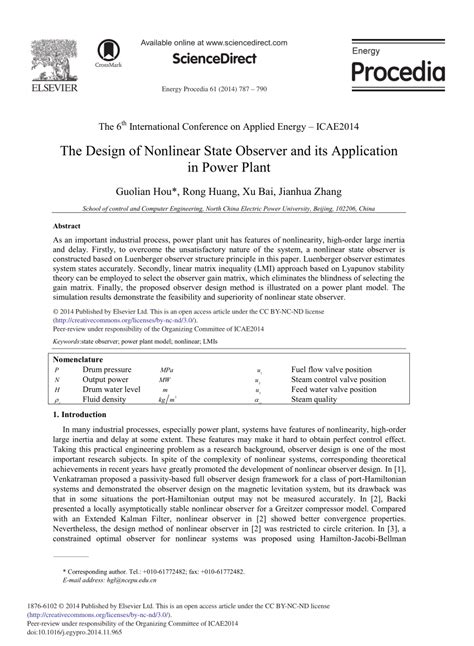 Pdf The Design Of Nonlinear State Observer And Its Application In