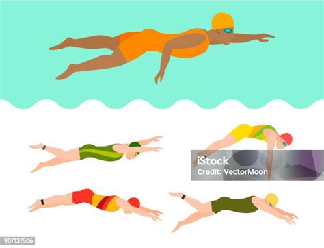 수영 벡터 사람 스타일 구성표 다른 수영 남자와 수영장 스포츠에서 여자 포즈 사람들 운동 그림 수영 동작 활동에 대한 스톡 벡터 아트 및 기타 이미지 Istock