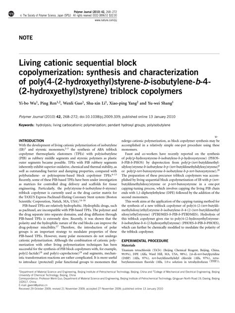 Pdf Living Cationic Sequential Block Copolymerization Synthesis And Characterization Of Poly