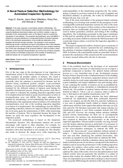 pdf a novel feature selection methodology for automated inspection