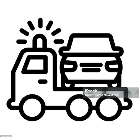 견인 트럭 라인 아이콘입니다 손상된 차량 기호를 픽업하는 차량 구조 흰색 배경에 윤곽선 스타일 픽토그램 자동차 사고 표지판