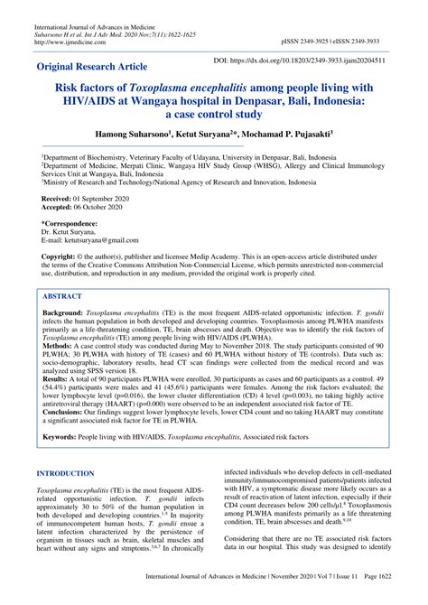 Pdf Risk Factors Of Toxoplasma Encephalitis Among People Living With Hiv Aids At Wangaya