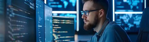 A Focused Male Programmer Working On Multiple Screens Immersed In