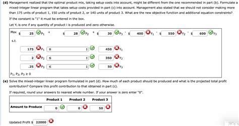 Management Realized That The Optimal Product Mix