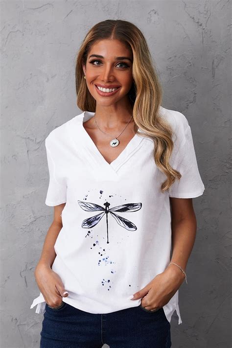 Womens V Neck Dragonfly Print Short Sleeves T Shirt Curvedream