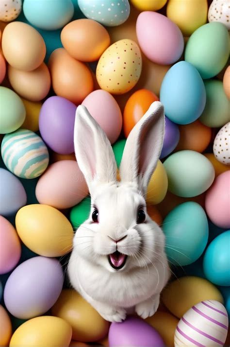 Top View Of A White Happy Smiling Real Easter Bunny Looking In The Camera Pastel Easter Eggs