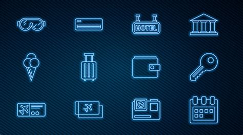 세트 라인 캘린더 키 텍스트 호텔 가방 와플 콘아이스크림 스키 고글 지갑 및 에어컨 아이콘이 있는 간판 벡터 0명에 대한 스톡