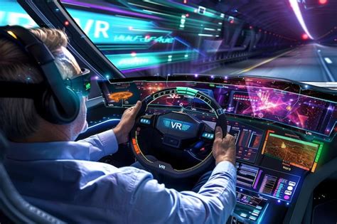 man using vr headset for immersive car driving simulation futuristic