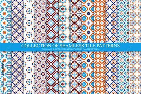 Collection Of Bright Seamless Geometric Mosaic Patterns Color Tile Textures Decorative