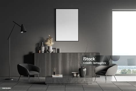벽 안락 의자 테이블 컴 모드 콘크리트 바닥에 빈 흰색 프레임 모형 포스터어두운 거실 인테리어 미니멀 한 디자인의 개념 창의적인 아이디어 모의 3d 렌더링 0명에 대한 스톡