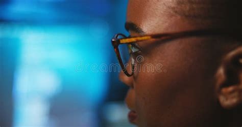 Face Night And Woman With Glasses Coding And Closeup With Online