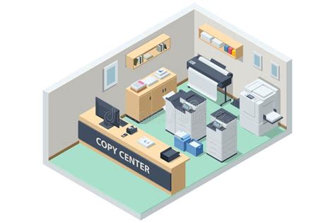 Isometric Printing Services Printing House Industry Print Copy Scan Fax Stock Vector