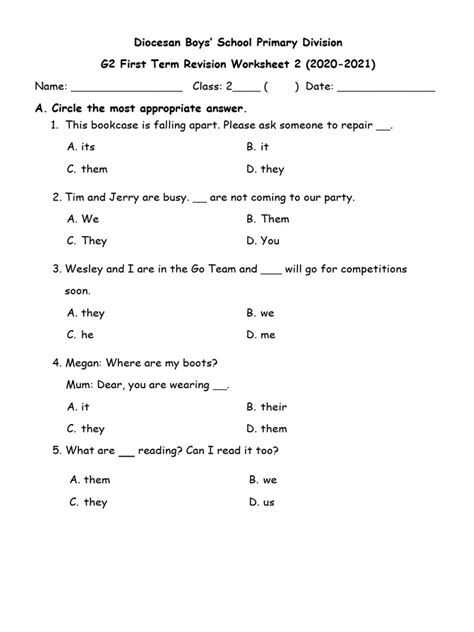 Dbs G2 First Assessment Revision Ws 2 Grammar Pdf Language Arts And Discipline