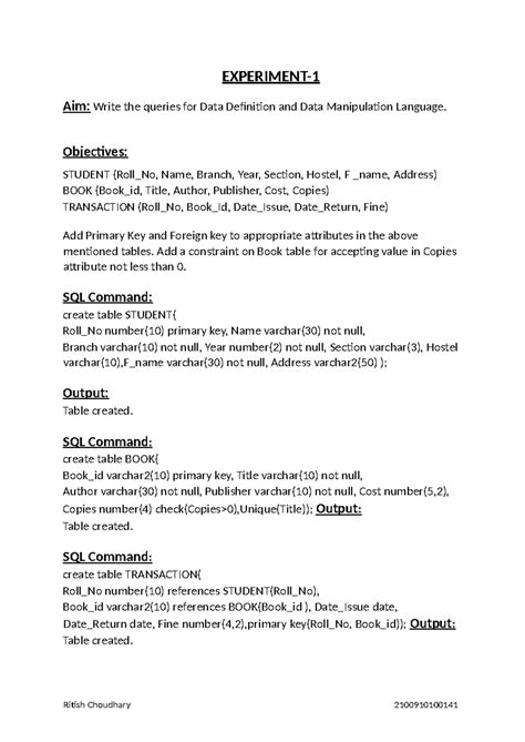 Dbms111 Notes Experiment Aim Write The Queries For Data