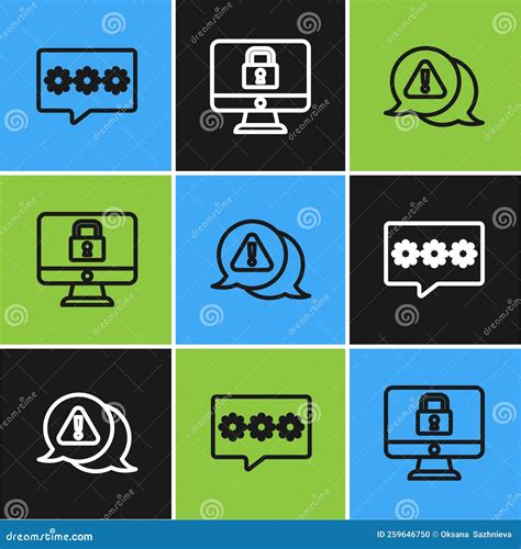 Set Line Password Protection Exclamation Mark In Triangle And Lock Monitor Icon Vector Stock