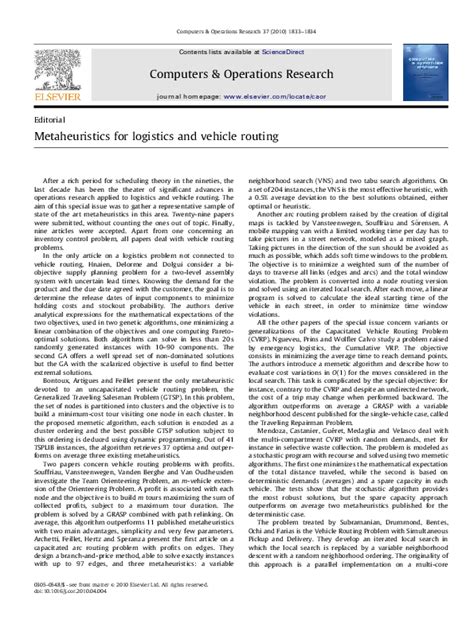 Pdf Metaheuristics For Logistics And Vehicle Routing