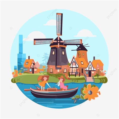 Dutch Clipart Girls Surrounded In The Town In The Canal With A Windmill