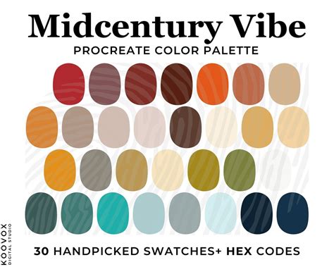 Vintage Color Palette Procreate Hex Codes Midcentury Modern Color Swatches Retro Procreate
