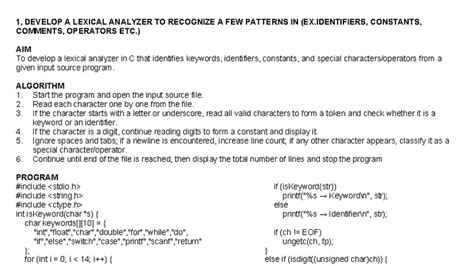 Compiler Lab Manual Lexical Analyzer Implementation In C Studocu